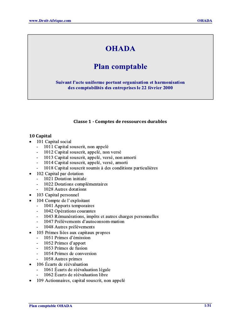 OHADA - Plan Comptable OHADA (Www.droit-Afrique | PDF