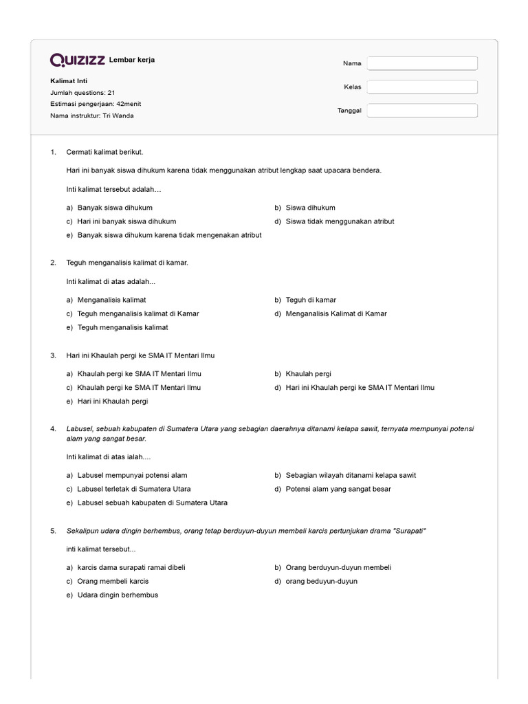 Kalimat Inti - Quizizz | PDF