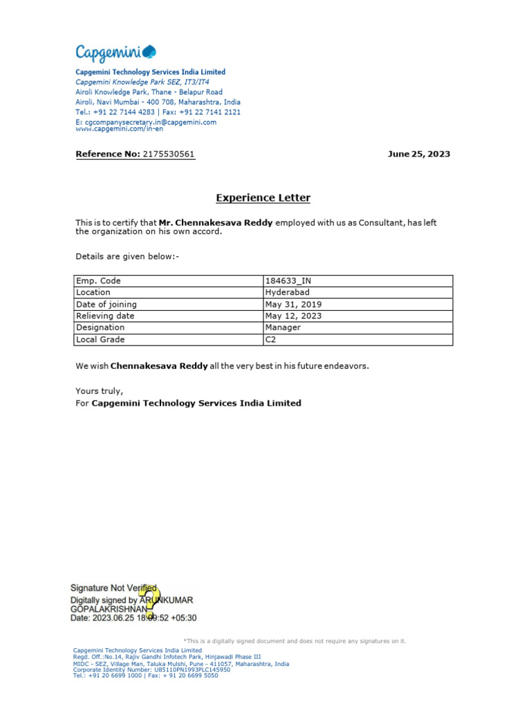 Capgemini Relieving Letter | PDF