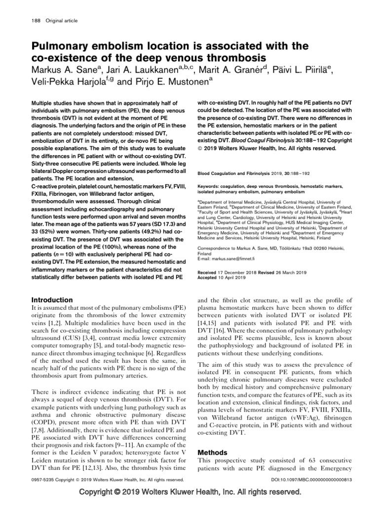 Pulmonary Embolism Location Is Associated With The Co-Existence of The ...