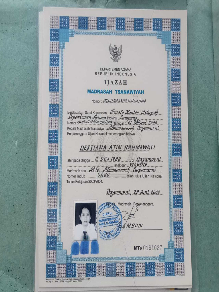 DESTIANA ATIN RAHMAWATI_IJAZAH MTs | PDF