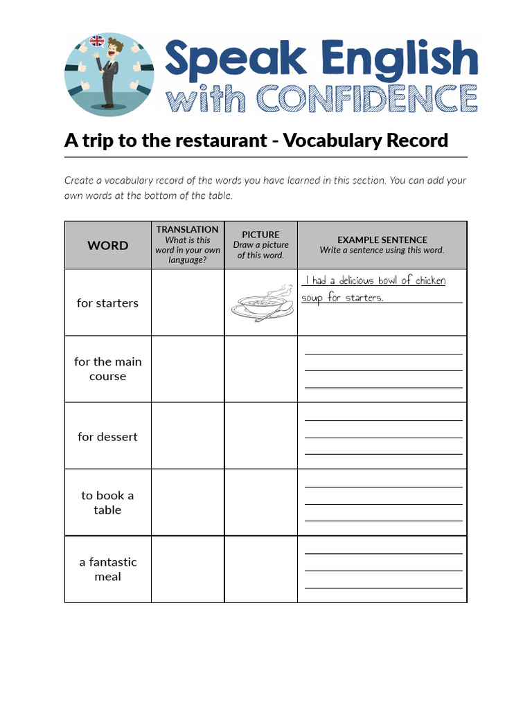 A Trip To The Restaurant - Vocabulary Record | PDF