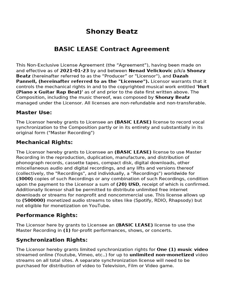 Hurt-(Piano-x-Guitar-Rap-Beat) [BASIC LEASE] Agreement | PDF | License ...