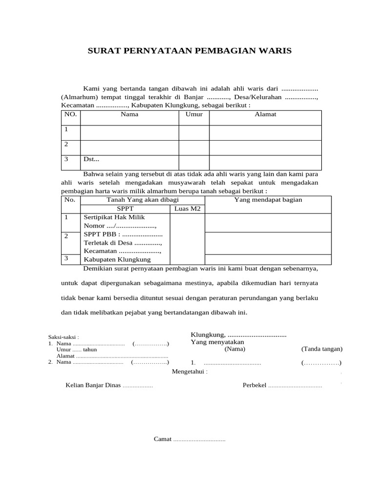 Surat Pernyataan Pembagian Waris | PDF