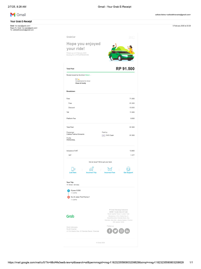 GrabCar E-Receipt for Your Ride | PDF