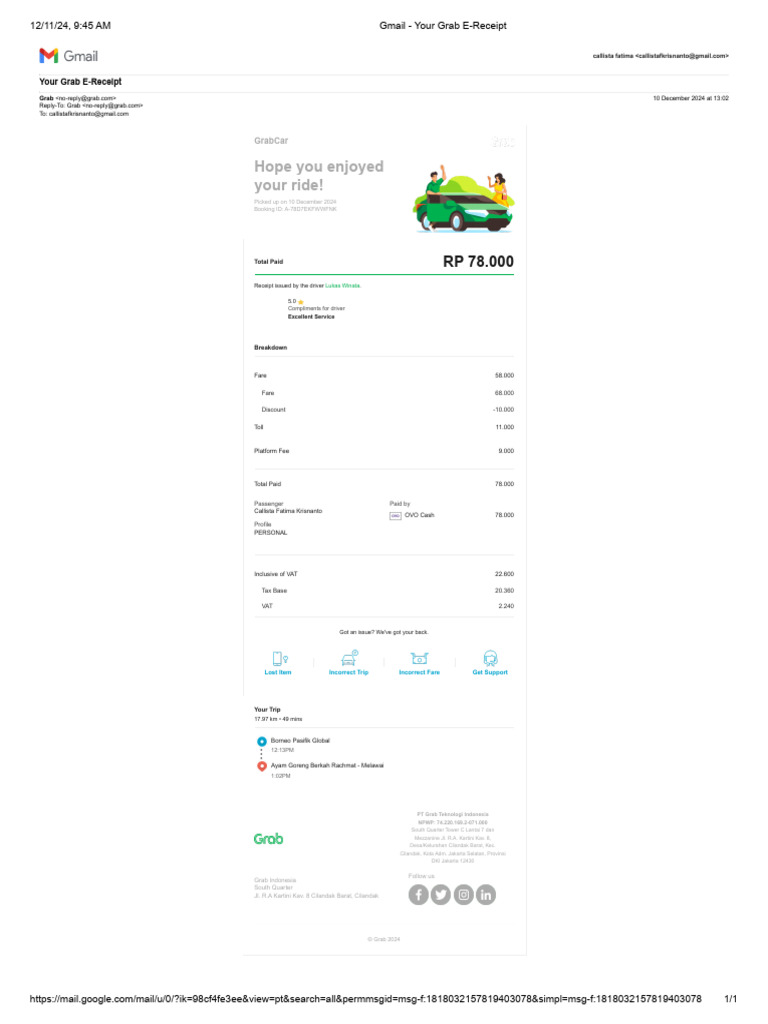 Gmail - Your Grab E-Receipt. 10122024 1 | PDF