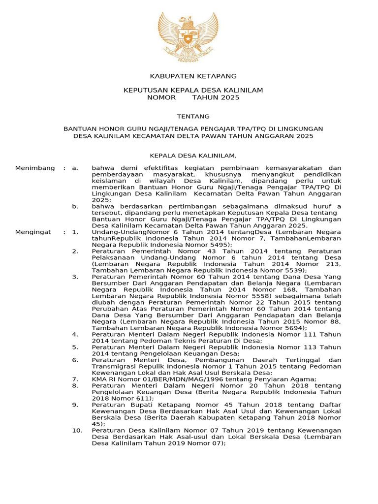 Format Baru SK Pengangkatan Guru Ngaji TPQ Desa 2025 | PDF