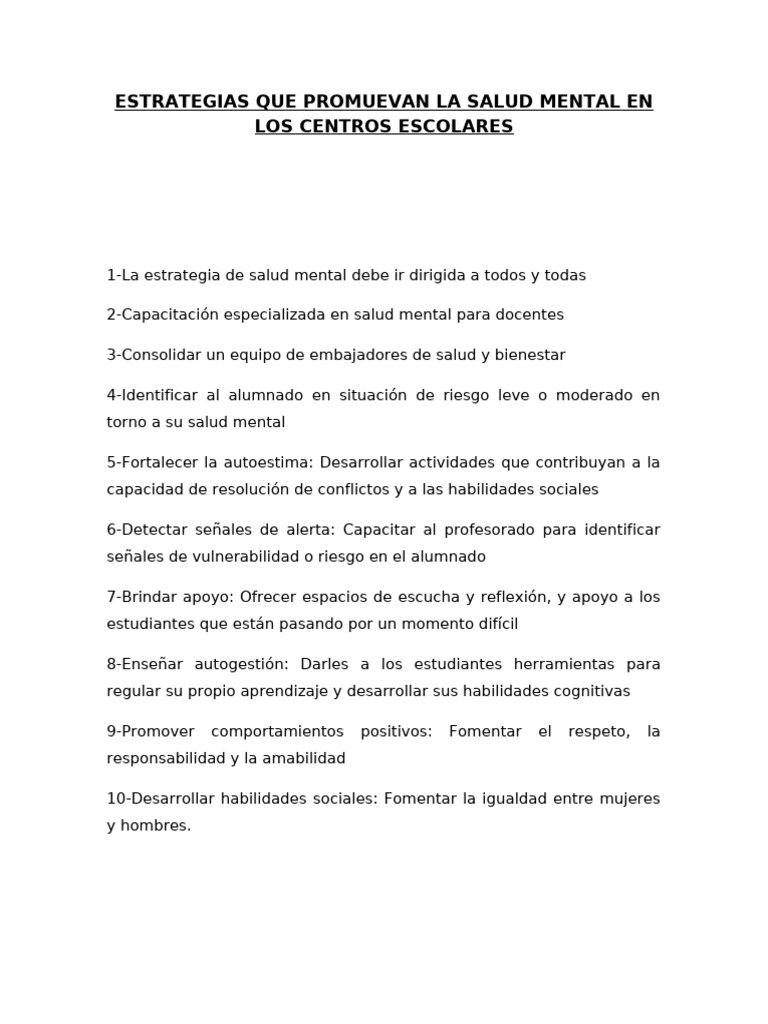 Estrategias de Salud Mental Escolar | PDF
