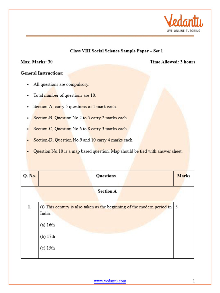 CBSE Class 8 Social Science Sample Question Paper (Set 1) 2024-25 FREE ...