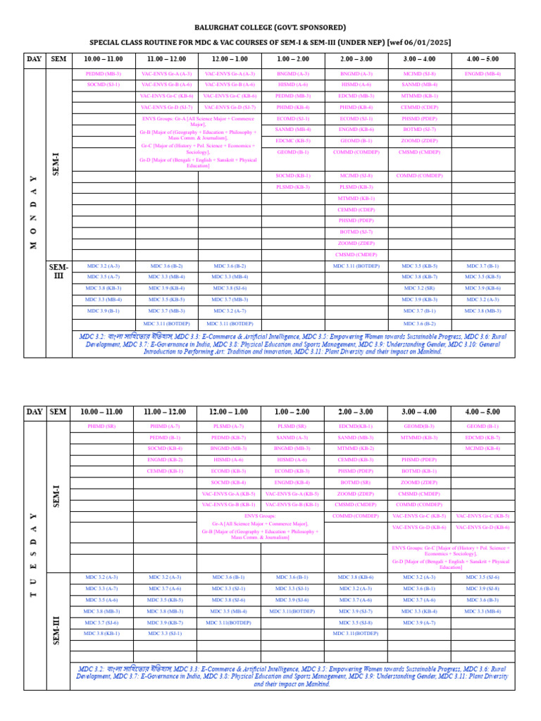 Special Class Routine Sem-I & 3 (MDC & VAC) (wef 06-01-2025) | PDF ...