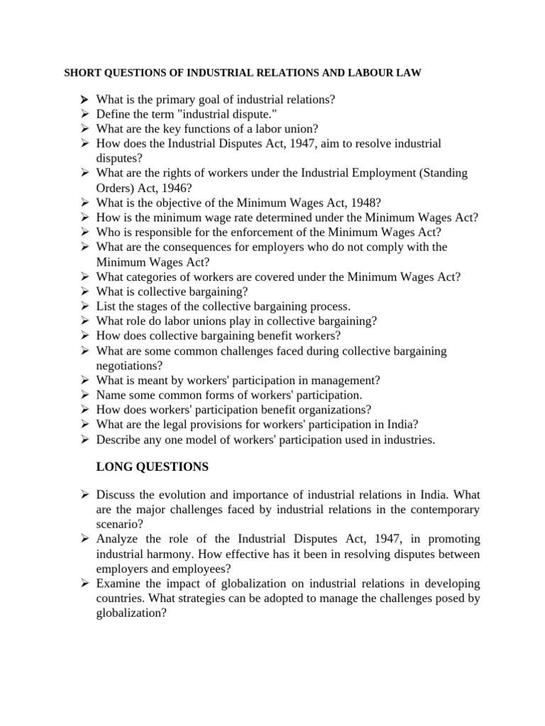 Industrial Relations and Labour Law Question Bank | PDF | Employment ...