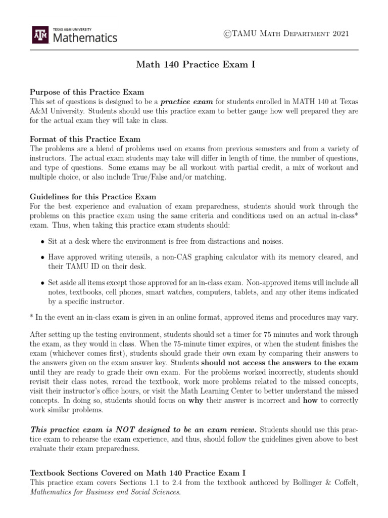 MATH 140 Practice Exam I | PDF | Matrix (Mathematics) | System Of ...