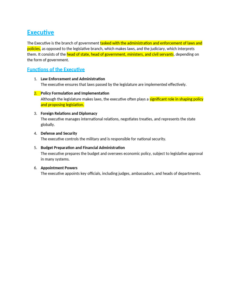 Functions of the Executive Branch | PDF