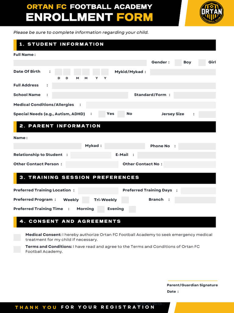 Ortan FC Football Academy ENROLLMENT FORM | PDF