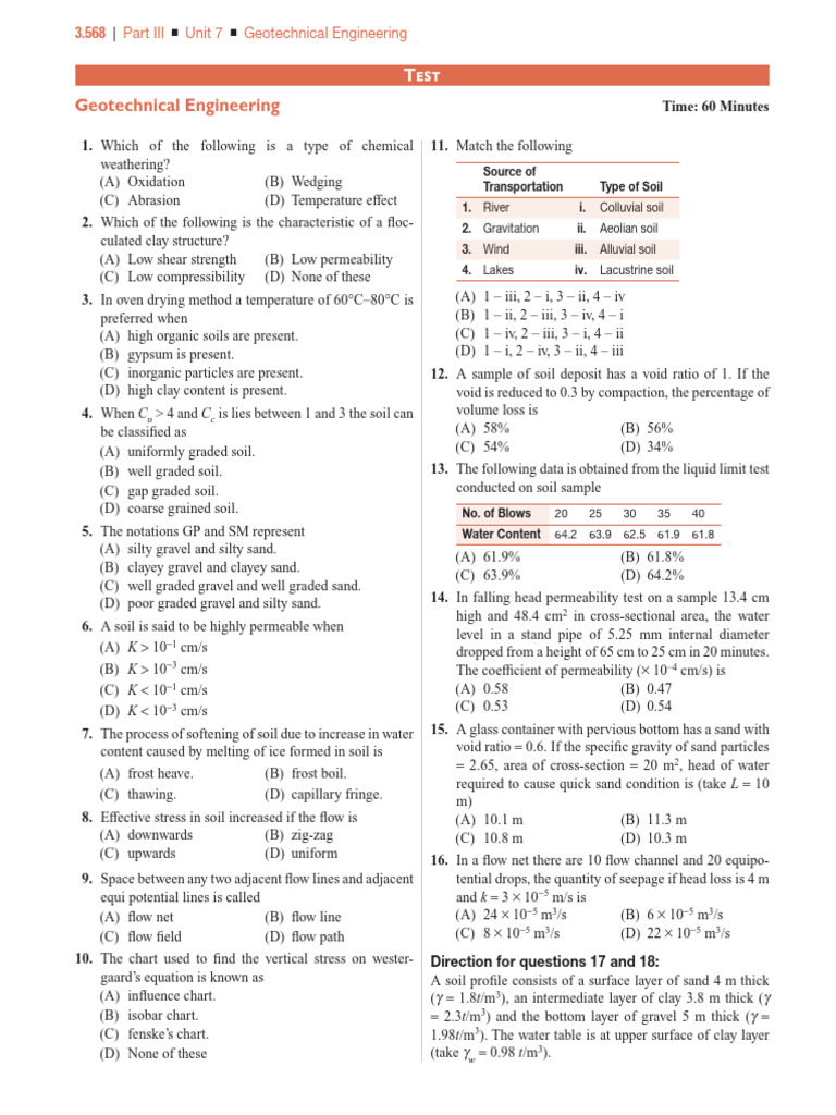 Geotechnical Engineering Test Questions | PDF | Sand | Gravel