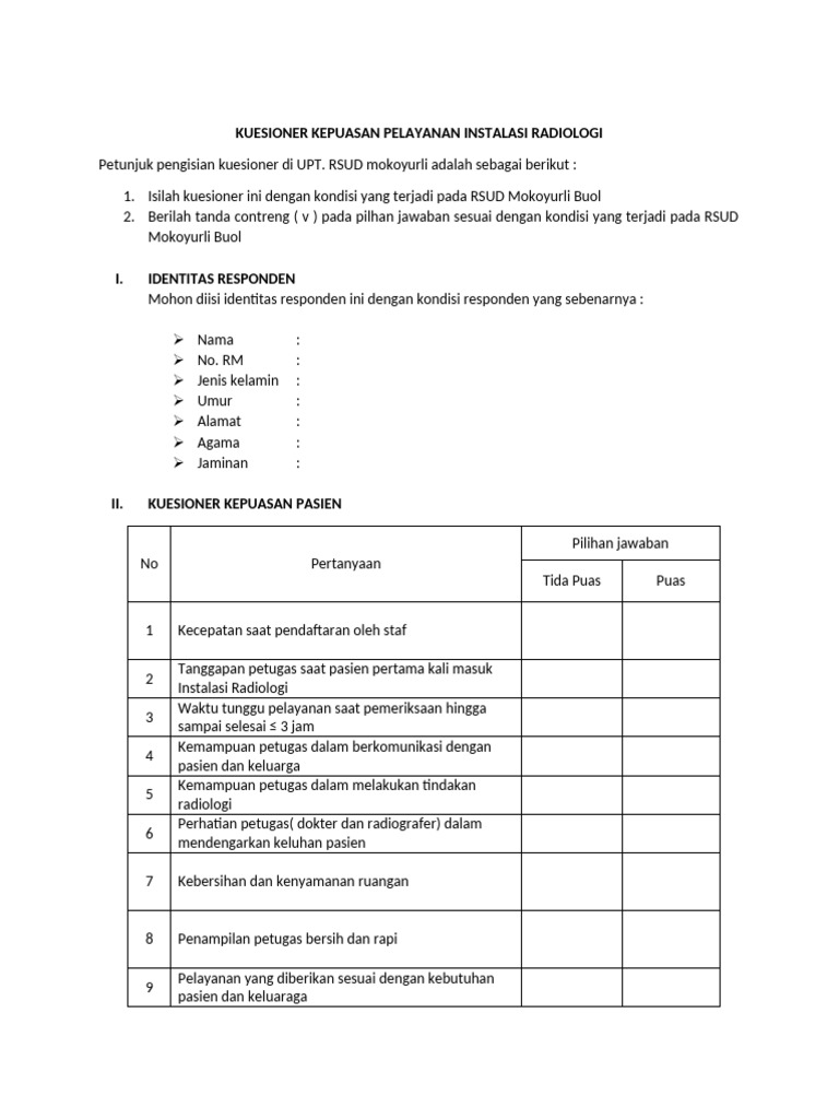 Kuesioner Kepuasan Pasien Radiologi | PDF