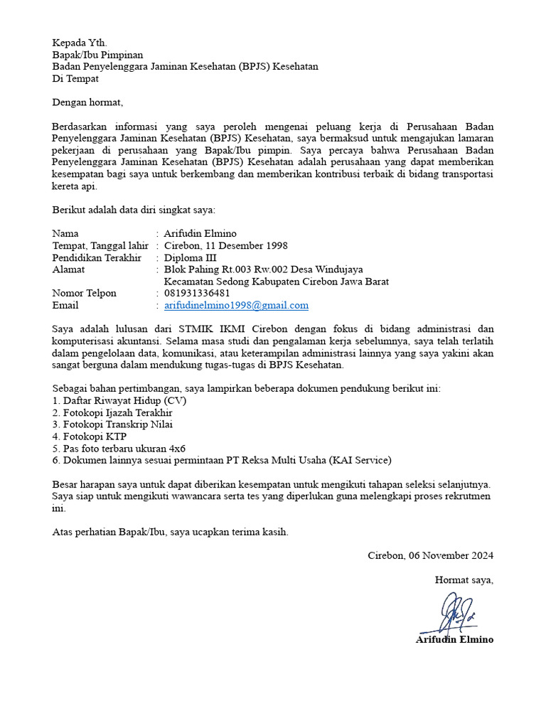 Surat Lamaran Kerja BPJS Kesehatan | PDF