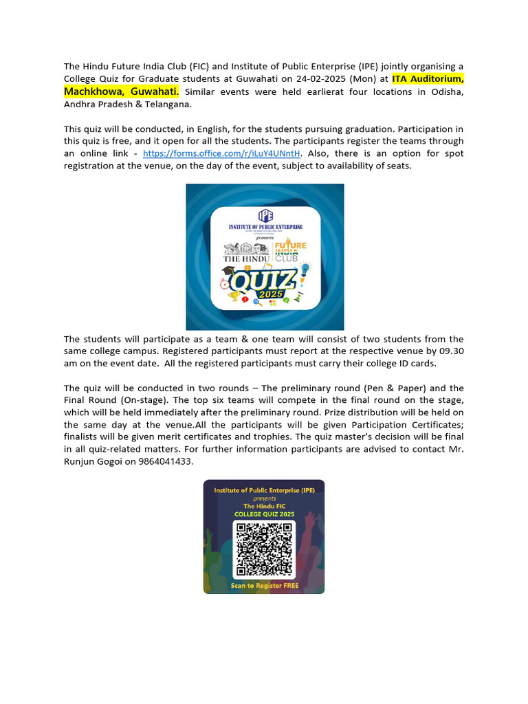 Hindu College Quiz Competition 2025 | PDF