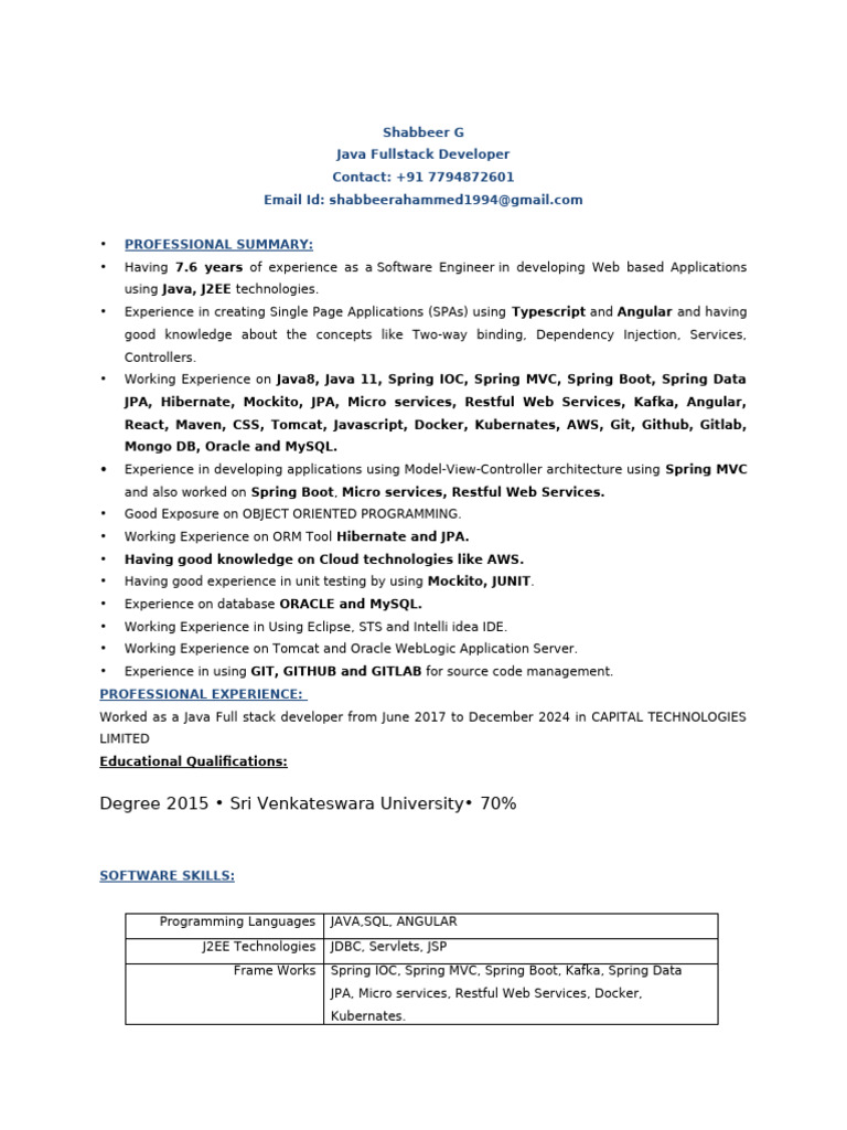 Senior Java Fullstack Developer Profile | PDF | Spring Framework | Java (Programming Language)