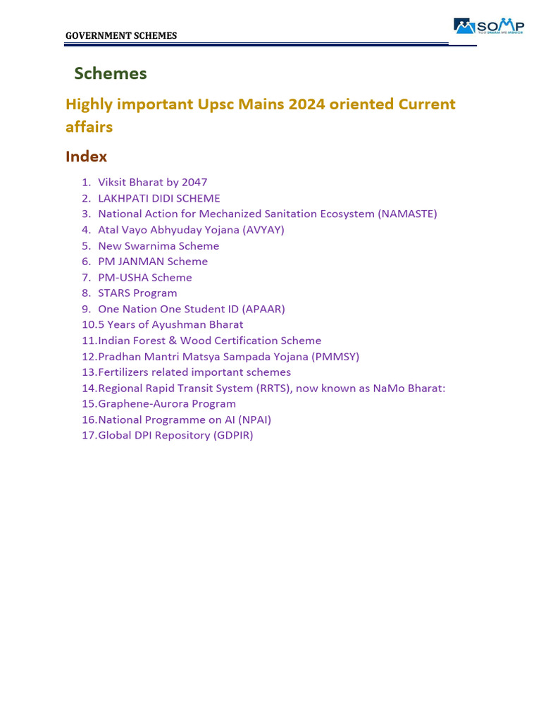 Key Government Schemes for UPSC 2024 | PDF | Fertilizer | Infrastructure