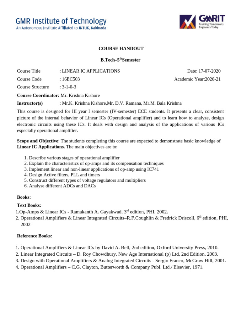 Handout 16EC503 LINEAR IC APPICATIONS (EEE) (1) (1941) | PDF ...