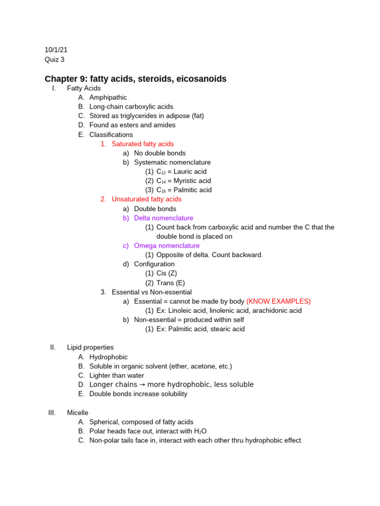 10 - 1 - 21 Quiz Cheat Sheet | PDF | Lipid | Fatty Acid