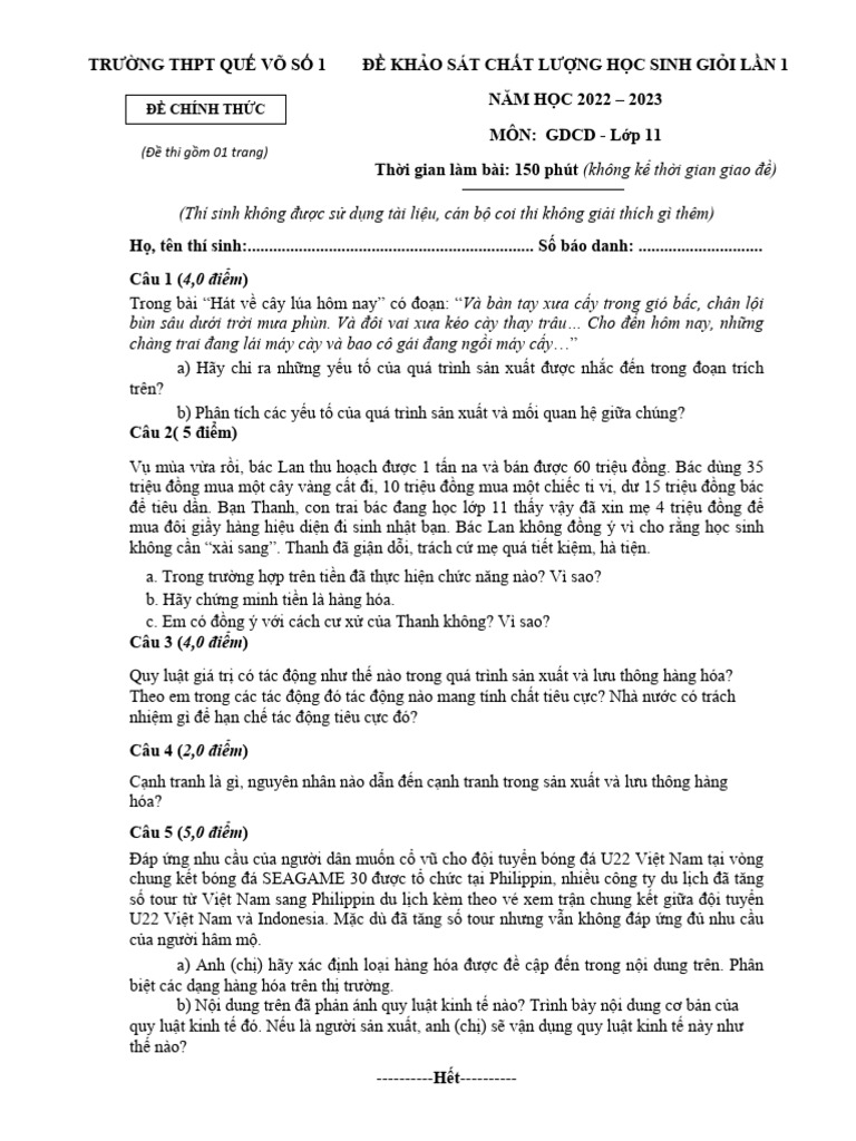 De Thi HSG GDCD 11 Lan 1 Nam 2022 2023 Truong THPT Que Vo 1 Bac Ninh | PDF