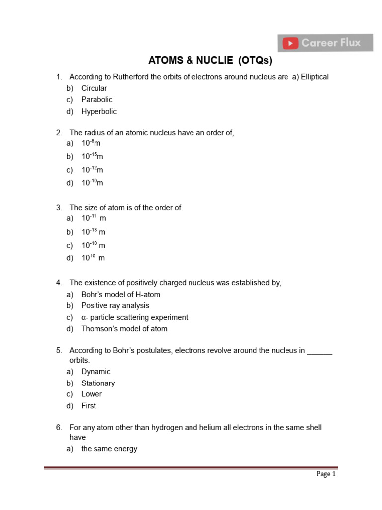 Atomic Structure and Nuclear Concepts Quiz | PDF | Atoms | Neutron