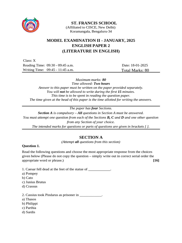 X Lit Model Exam Ii - QS Paper and Key Answers | PDF | Julius Caesar ...