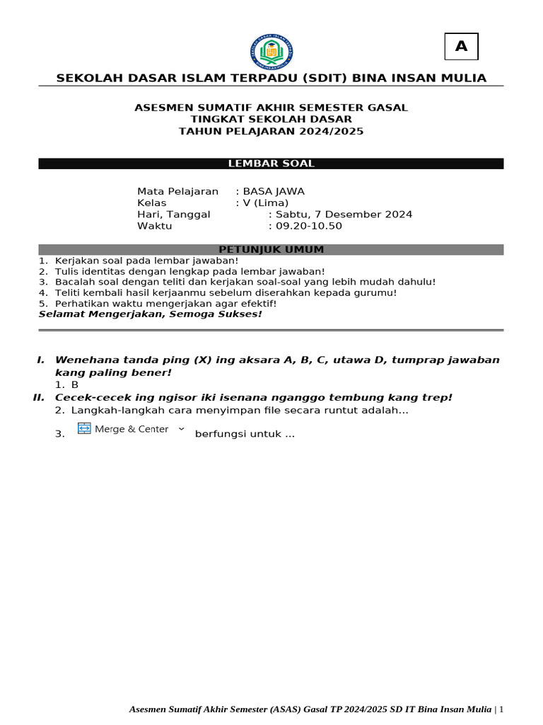 Layout Soal Bahasa Jawa - STS, Sas, Aas | PDF