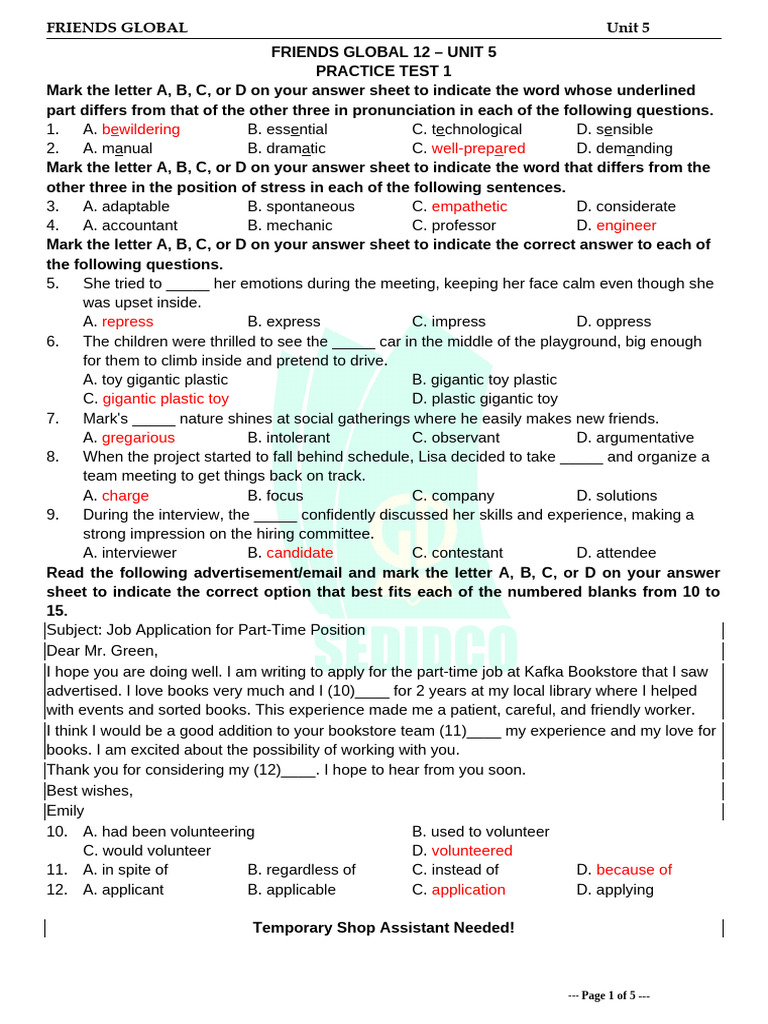 FG12 - Unit - 5 - Practice Test 1 - Key | PDF | Extraversion And ...