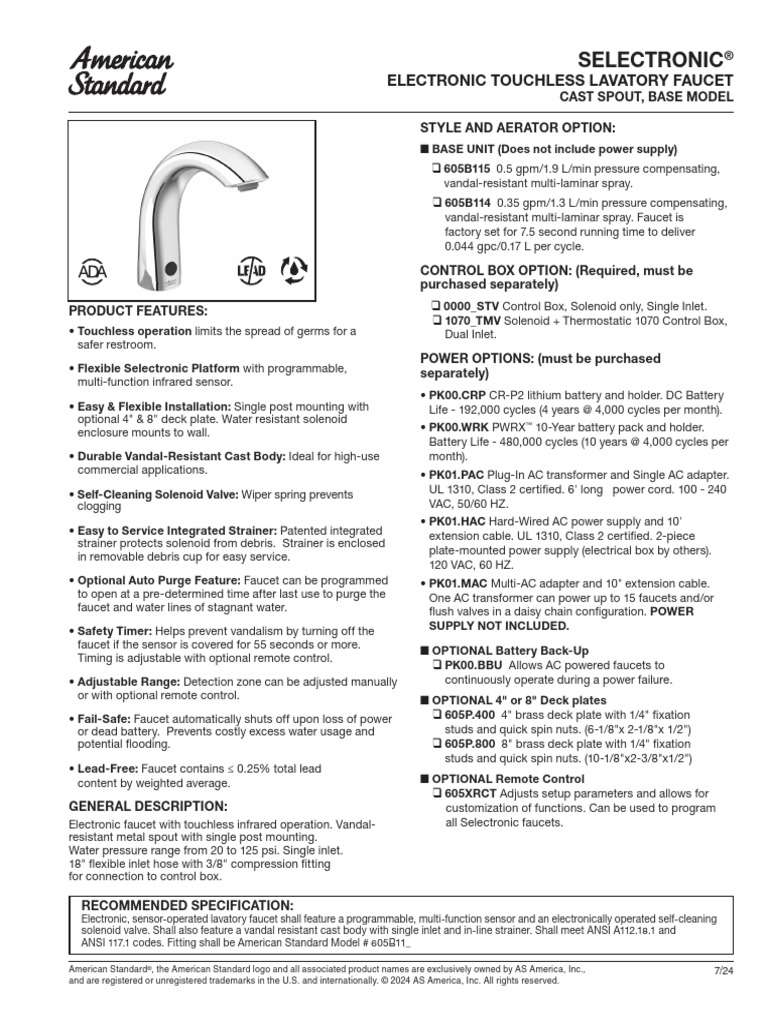 Spec 605B114-115 Selectronic Electronic Proximity Lav Faucet Original | PDF | Tap (Valve ...