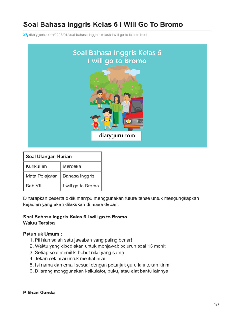 Soal Bahasa Inggris Kelas 6 I Will Go To Bromo | PDF