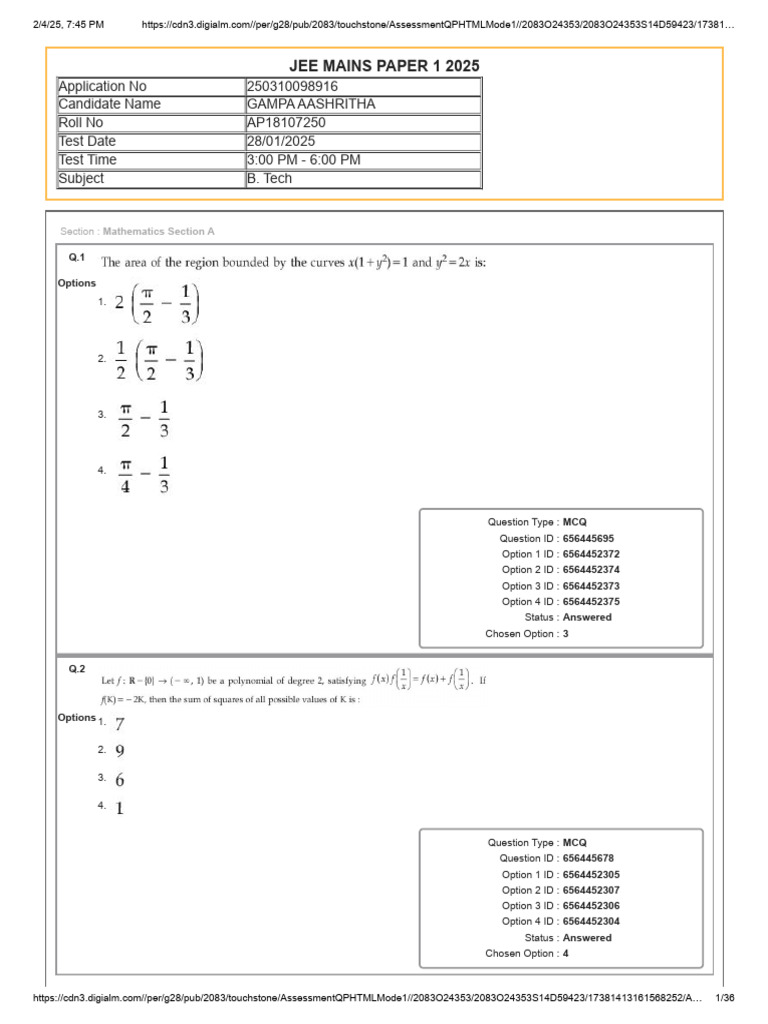 Jee Mains My Answer Key | PDF | Multiple Choice | Higher Education