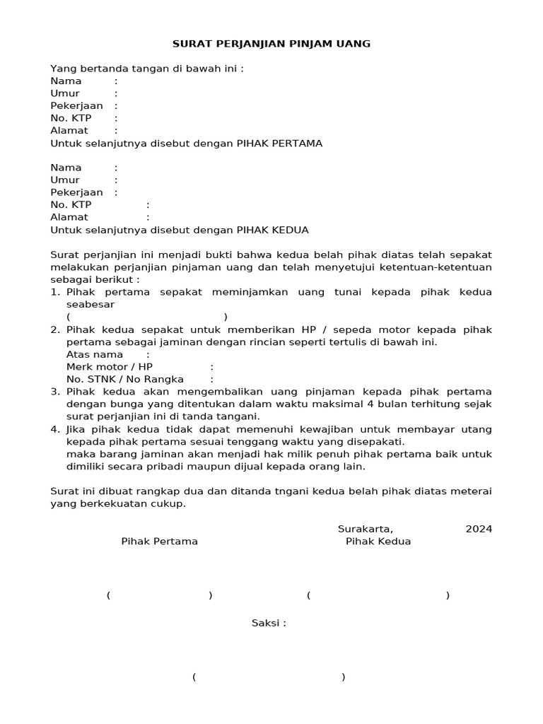SURAT PERJANJIAN PINJAM UANG | PDF