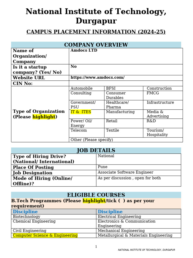 Amdocs Fte Cpi Form Nitdgp | PDF | Engineering | Physical Sciences