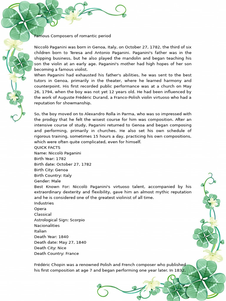 Famous Composers Romantic PRD | PDF | Pyotr Ilyich Tchaikovsky ...