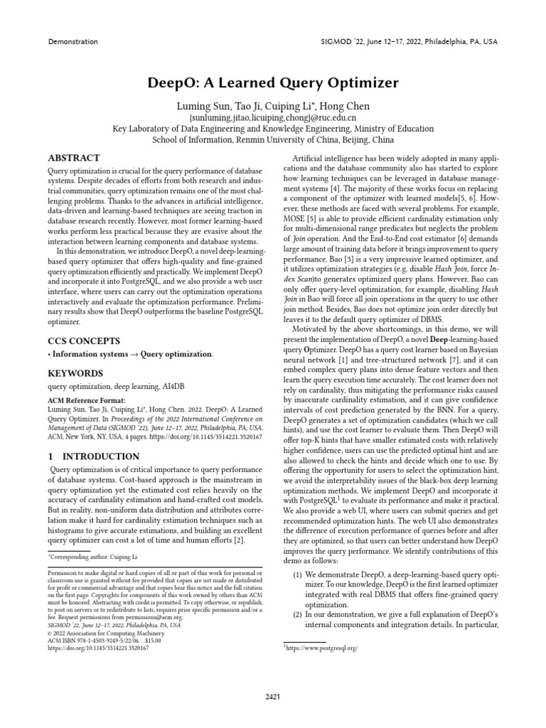2022 DeepO a Learned Query Optimizer - 副本 | PDF | Databases | Postgre Sql
