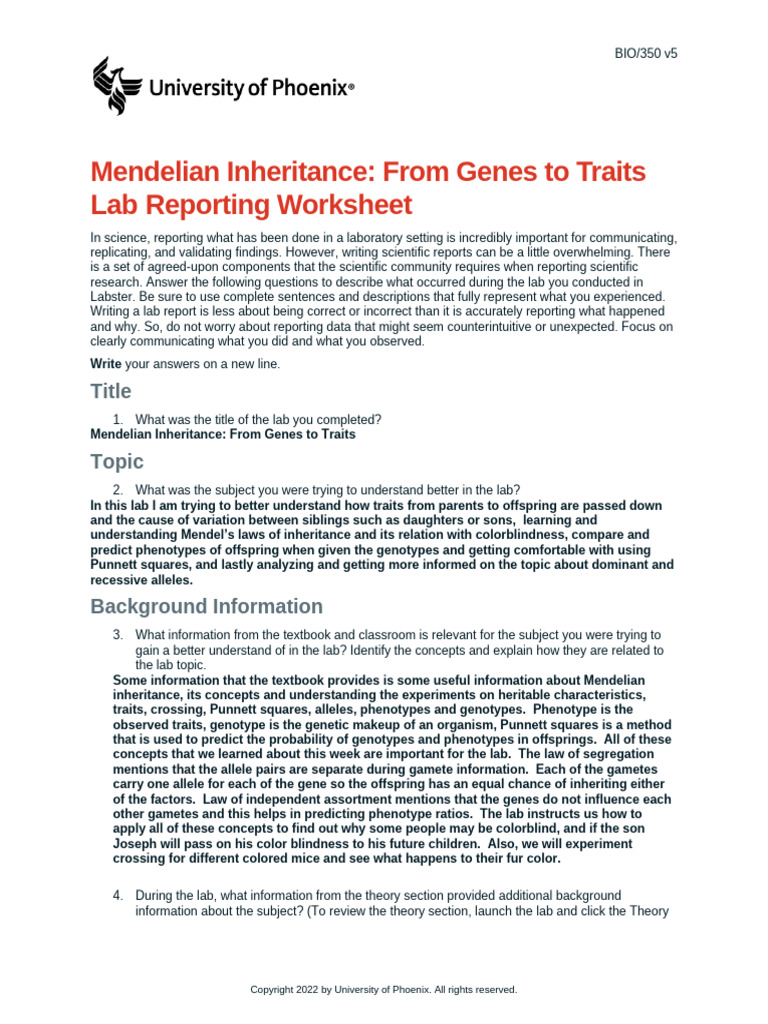 Bio350 v5 Wk5 Mendelian Inheritance Lab Report Observational | PDF | Genotype | Dominance (Genetics)