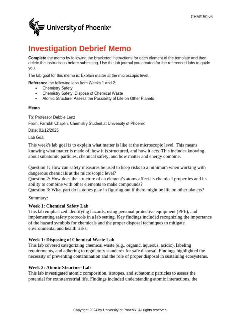 Chm150 v5 Wk2 Debrief Memo Template | PDF | Molecules | Chemical Substances