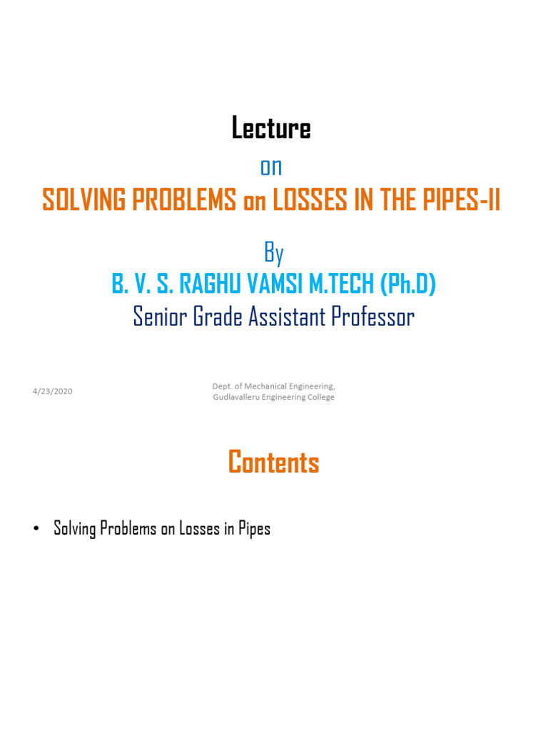 Lecture-4 Losses in The Pipes - Problems | PDF | Gases | Density