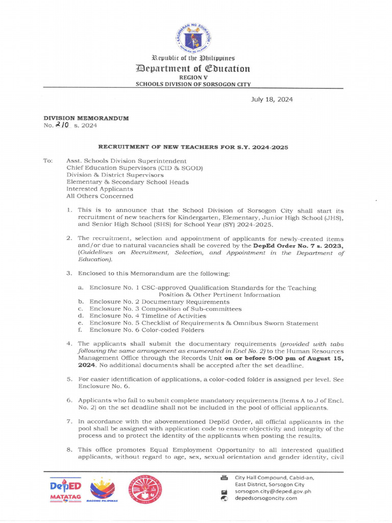 Dm2024-210 Recruitment of New Teachers For S.Y. 2024-2025 | PDF