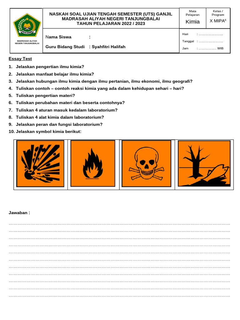 Format Naskah Soal Uts Sem. Ganjil Kimia_syahfitri Halifah | PDF