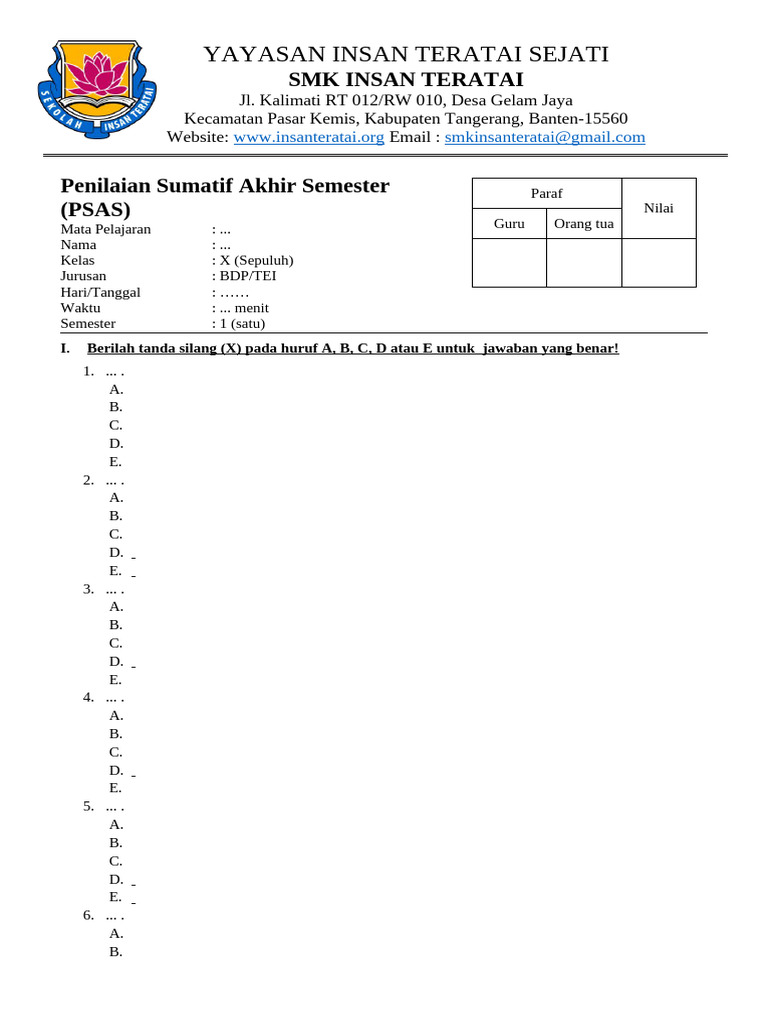 Format Soal PSAS Ganjil 2024 - 2025 | PDF