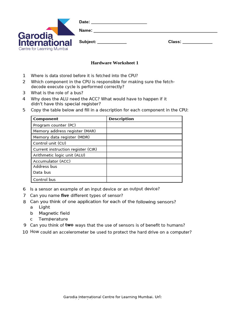 Hardware Worksheet | PDF