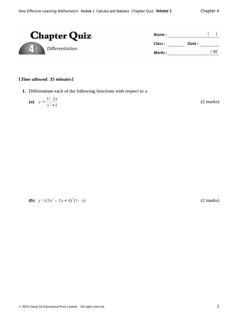 Hkdse M1 Differentiation Quiz Pdf Calculus Mathematics