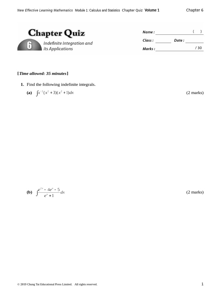HKDSE M1 Indefinite Integrations and Its Applications Quiz 1 | PDF | Calculus | Volume