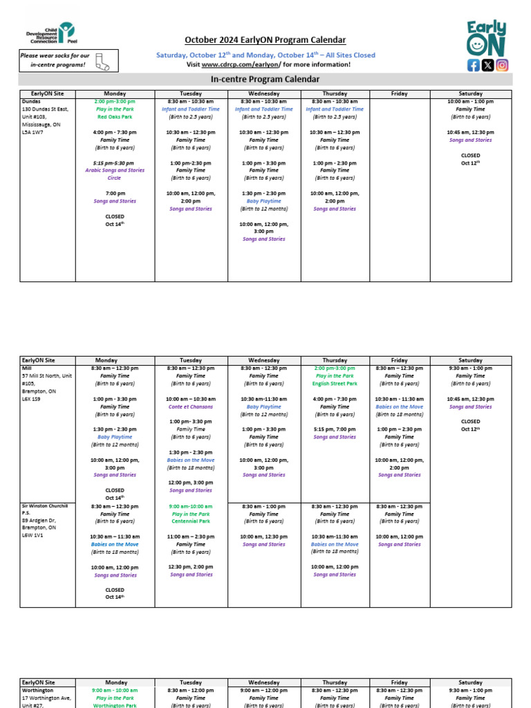 CDRCP EarlyON Program Calendar October 2024 | PDF | Human Development ...