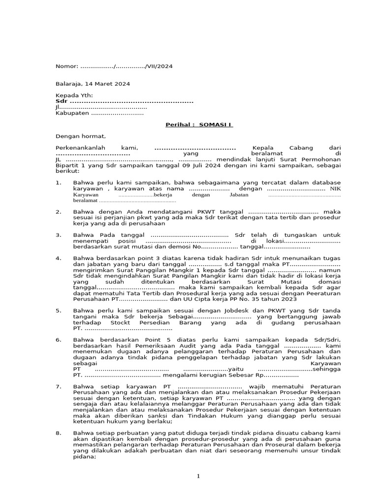 Draft Surat Somasi Karyawan Pelaku Fraud | PDF