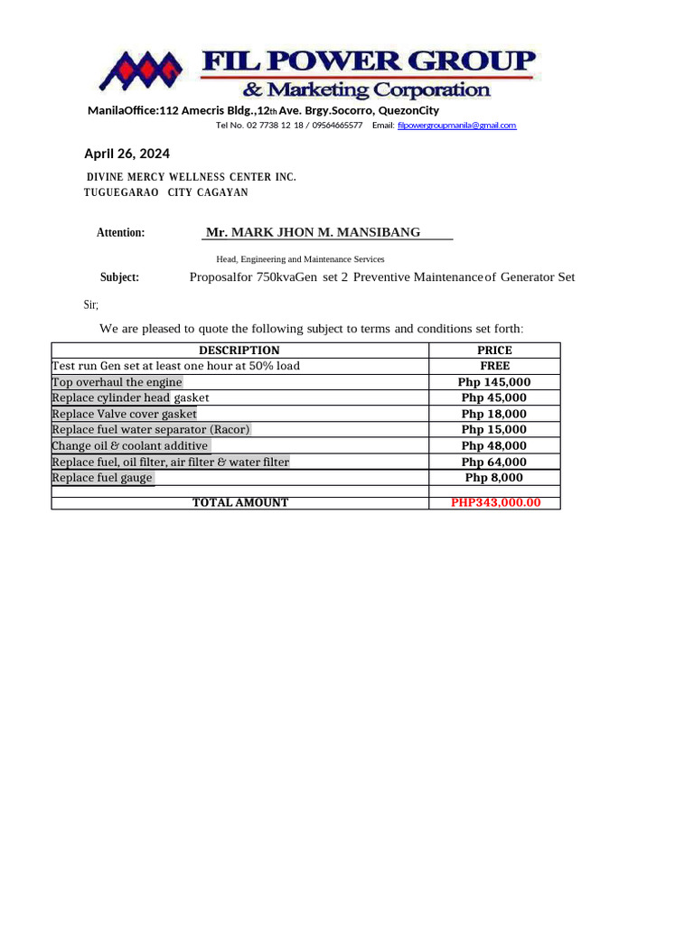 DEVINE MERCY 750 Genset PMS FINAL Price | PDF | Engines | Internal Combustion Engine